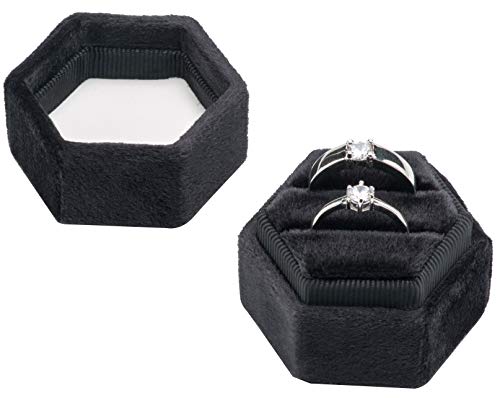 Premium Velvet Ring Bearer Box for Proposal Engagement Wedding Ceremony - Hexagon Vintage Double Ring Display Holder with Detachable Lid (Black)