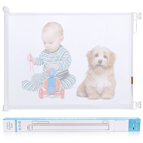 Retractable Baby Gate Extra Wide- 34โ Tall Extends Up to 54โ Wide Safety Mesh Stairs Gate for Kids or Pets Dogs Gate for Doorways/Banister/Hallways/Deck/Indoor/Outdoor -Wall Spacer Kit Included