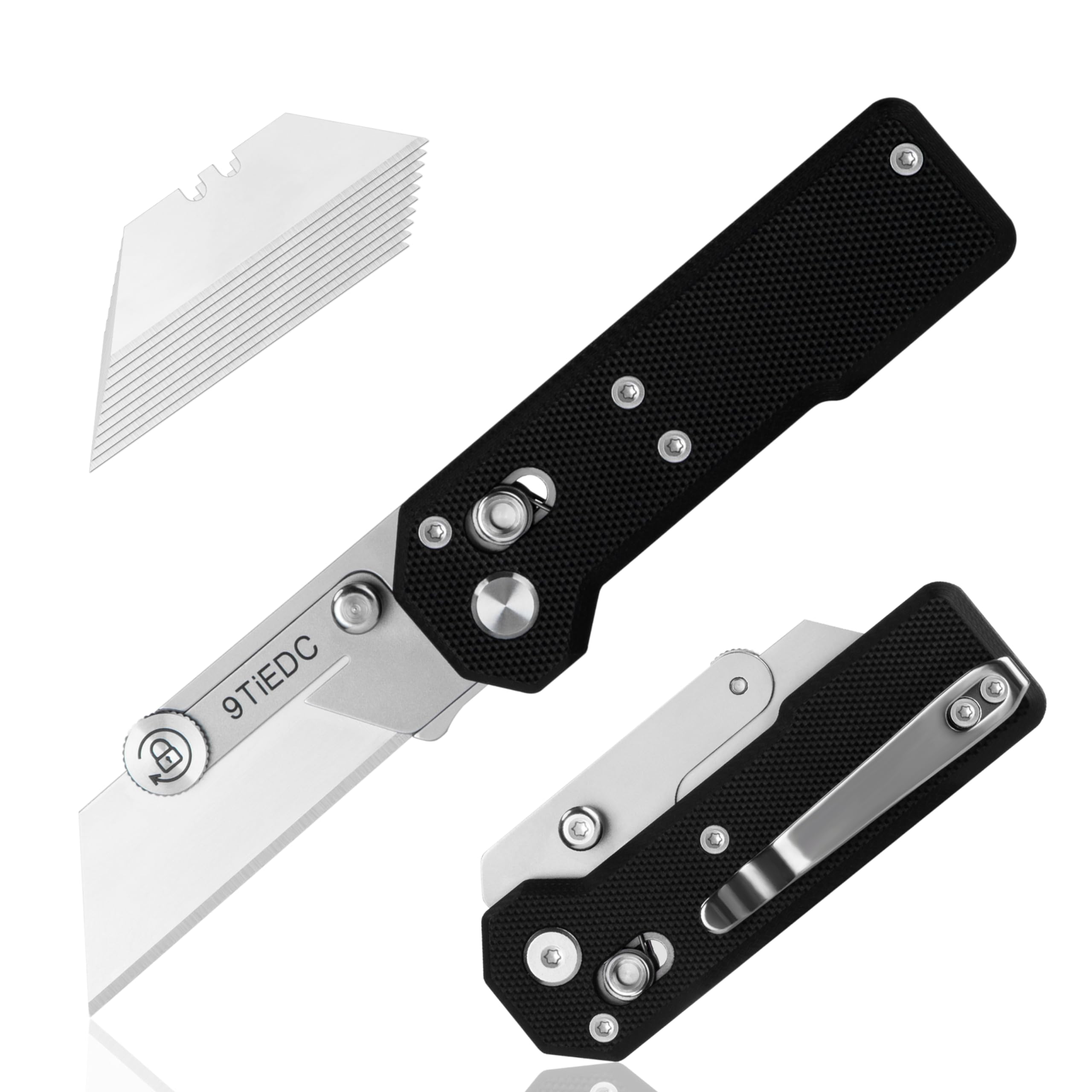 9TiEDC Folding Utility Knife,G10 Handle Heavy Duty Safety Box Cutter,Razor Knife & EDC Pocket Knife with Extra 10PC Blades,Perfect for Household Tools,Office,Factory,Outdoor Use.