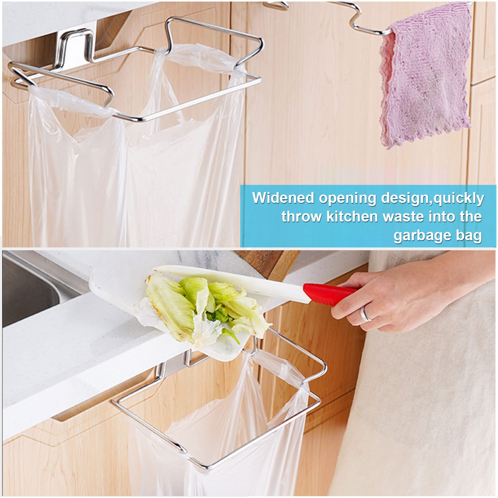 4 PCS Stainless Steel Trash Bag Holder for Kitchen Cabinet Door Cupboards, Under Sink Hanging Garbage Bag Holder, Metal Over Cabinet Door Trash Bag Holder for Kitchen RV Camper (Silver)