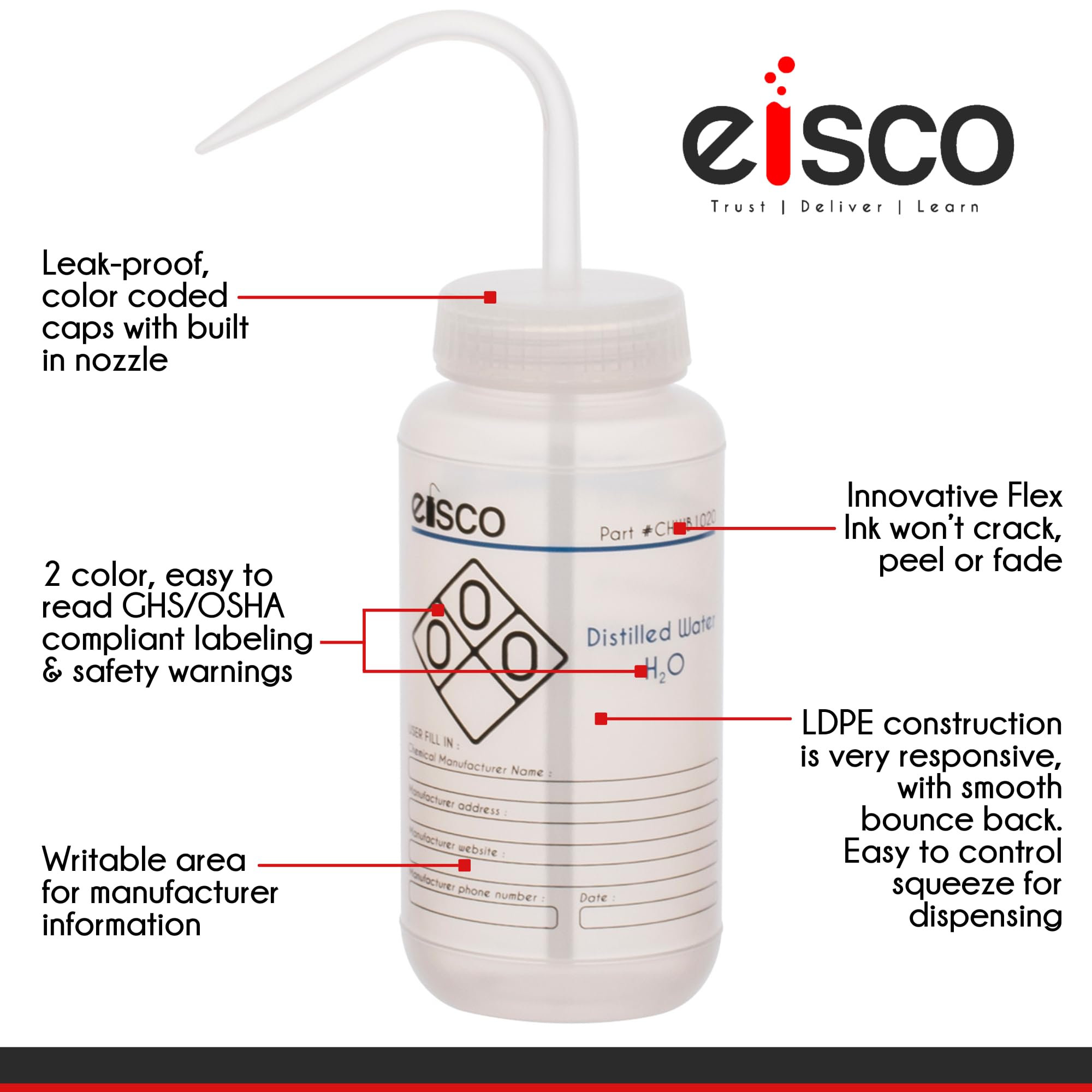 EISCO Wash Bottle for Distilled Water, 500ml - Labeled with Color Coded Chemical & Safety Information (2 Color) - Wide Mouth, Self Venting, Low Density Polyethylene Labs