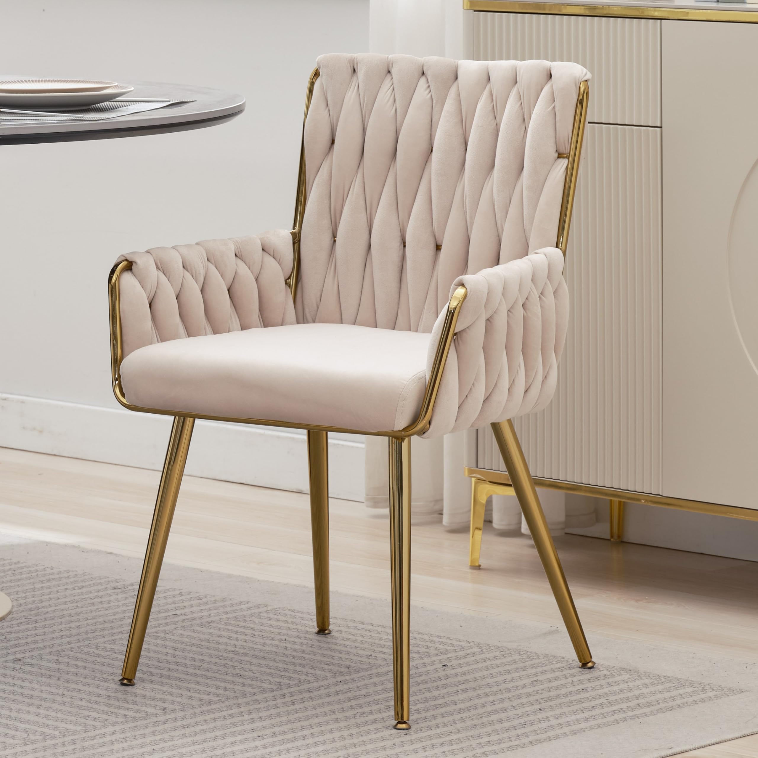 ABET Velvet Desk Chair 1PC, Modern Woven Armchair with Gold Metal Legs & Armrest, Comfy Upholstered Vanity Makeup Chair for Teen Girls & Women, Cute Office Chair for Bedroom, Living Room,Beige