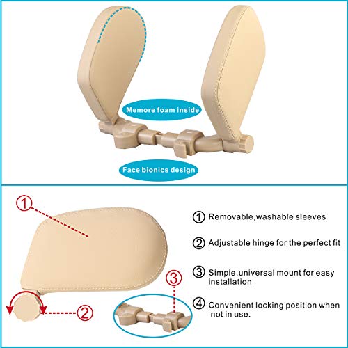 Leadsign Car Seat Headrest Pillow,Adjustable U Shaped Memory Foam Head Neck Support Cushion, Both Sides Travel Sleeping Pillow for Kids Adults (Beige)
