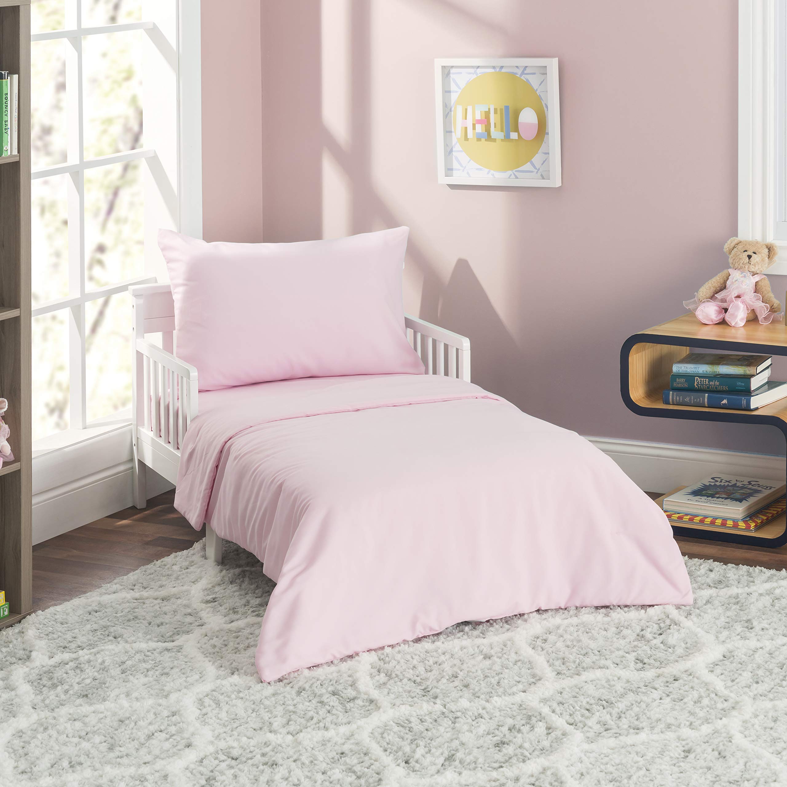 EVERYDAY KIDS 4 Piece Toddler Bedding Set - includes Comforter, Flat Sheet, Fitted Sheet and Reversible Pillowcase - Solid Pink