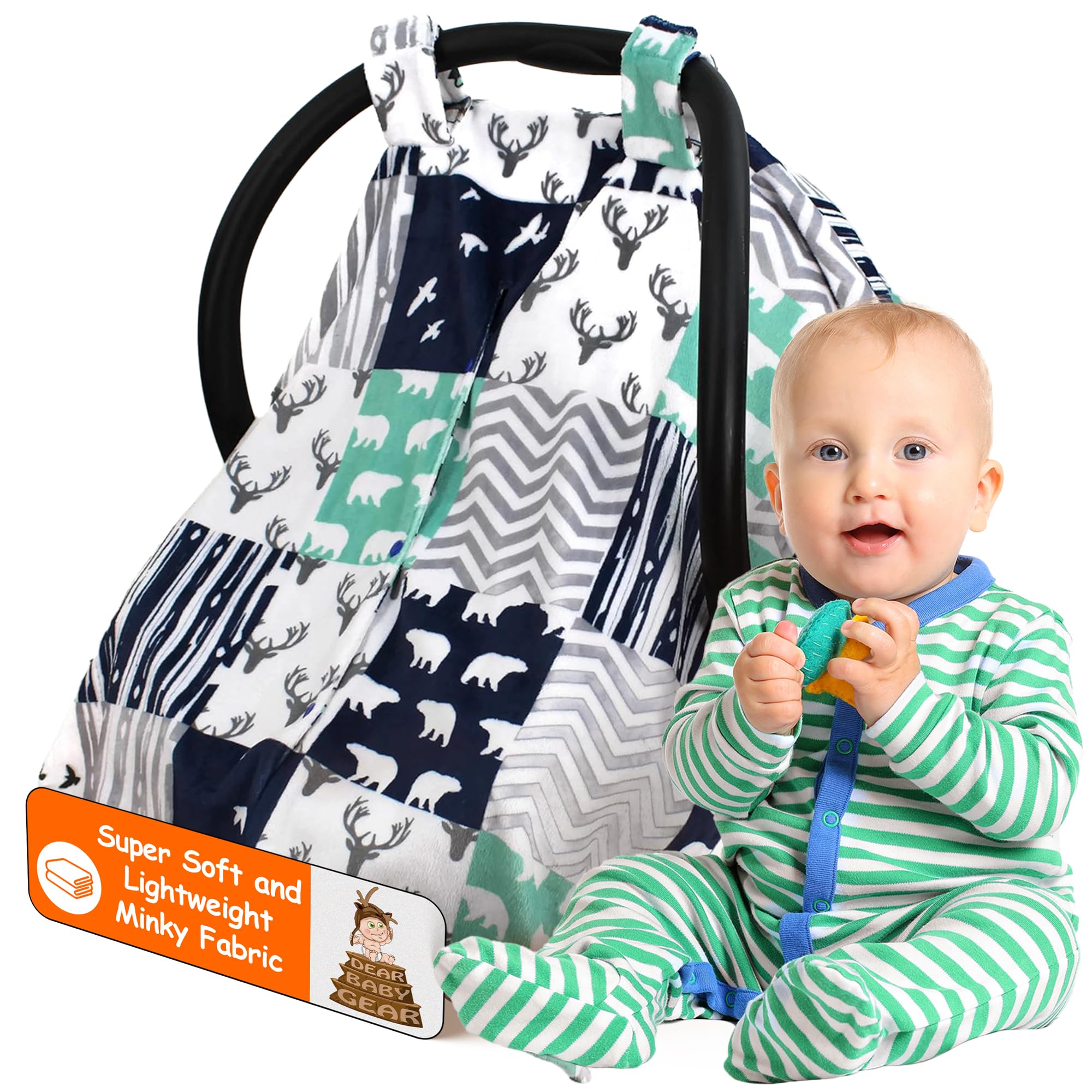 Dear Baby Gear Car Seat Blanket - Infant Carseat Canopy & Winter Covers - Cozy Baby Car Seat Cover for Girls & Boys - Doubles as Stroller Cover - Woodland Bear Quilt Feathers Navy Mint - 40" x 30"