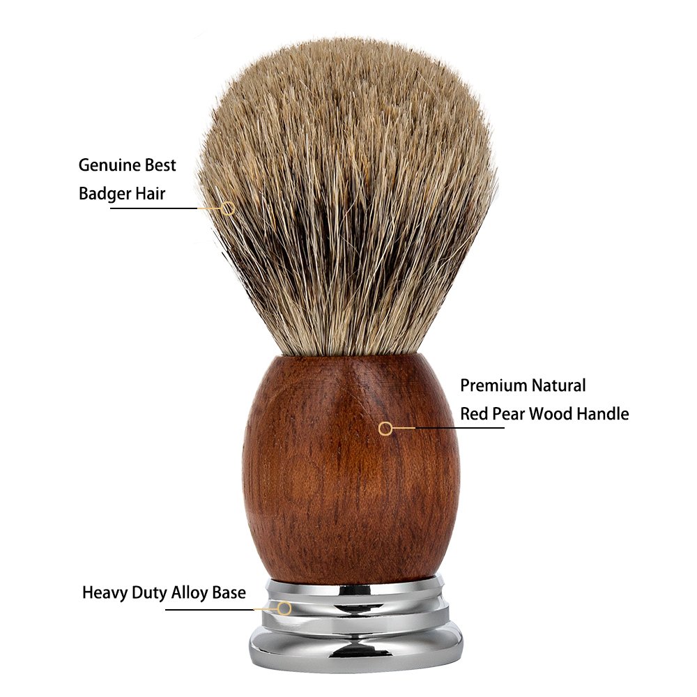 CHARMMAN Best Badger Hair Bristles Shaving Brush, Premium Natural Red Pear Wood Handle+Heavy Duty Alloy Base