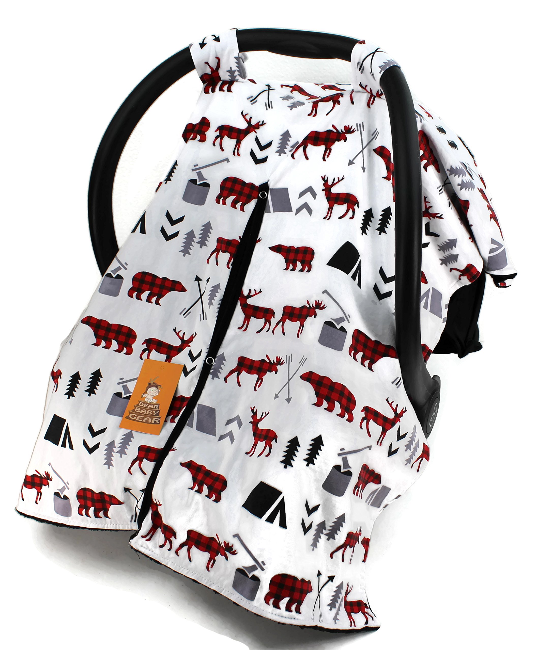 Dear Baby Gear Car Seat Canopy, Woodland Adventure Bear Moose Plaid, Minky Black