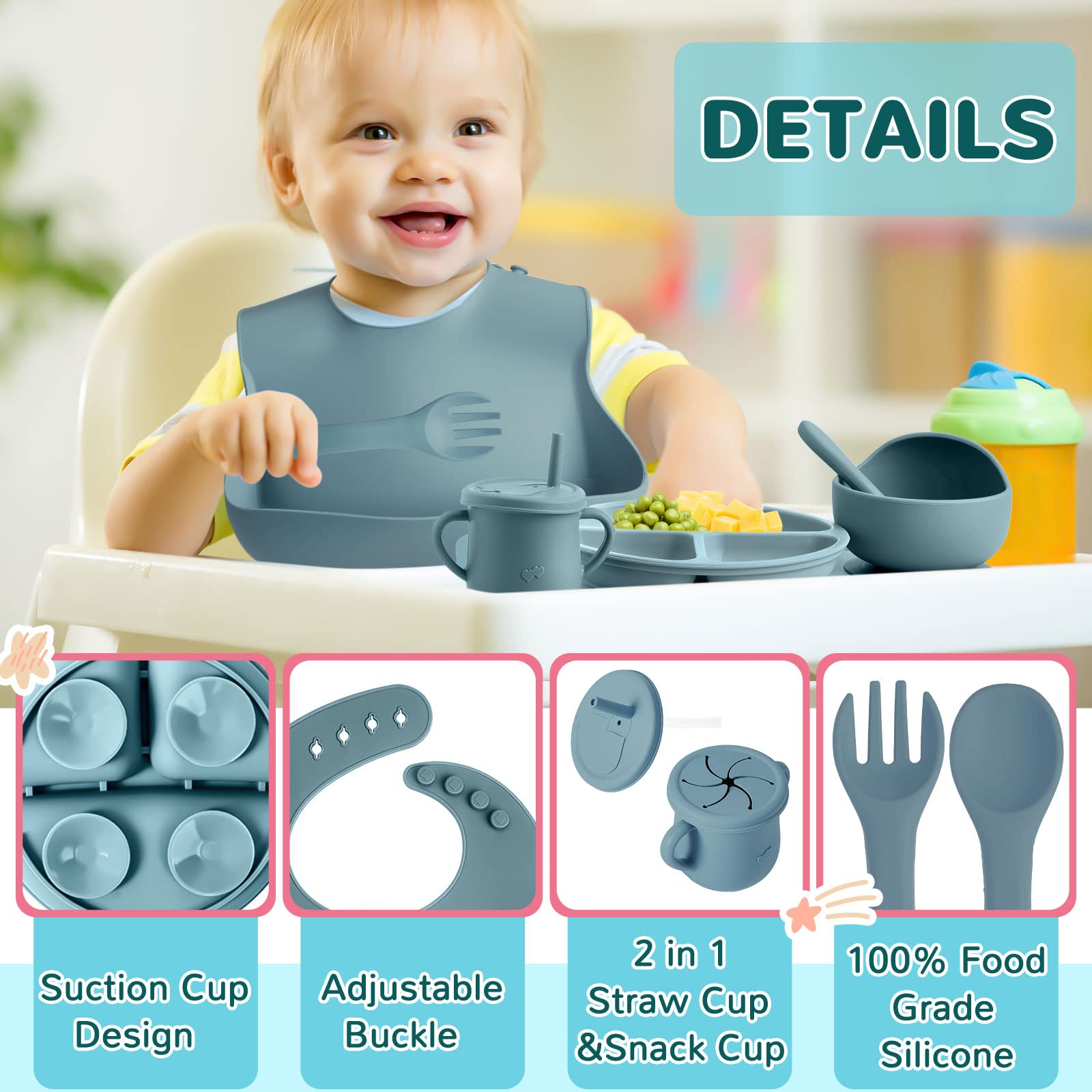 8 Pack Baby Feeding Eating Supplies Silicone Suction Divided Plate Baby Bibs Suction Bowl Silicone Placemat Silicone Spoon and Fork Silicone Cup with Straw Baby Tableware Set for Toddler (Dusty Blue)