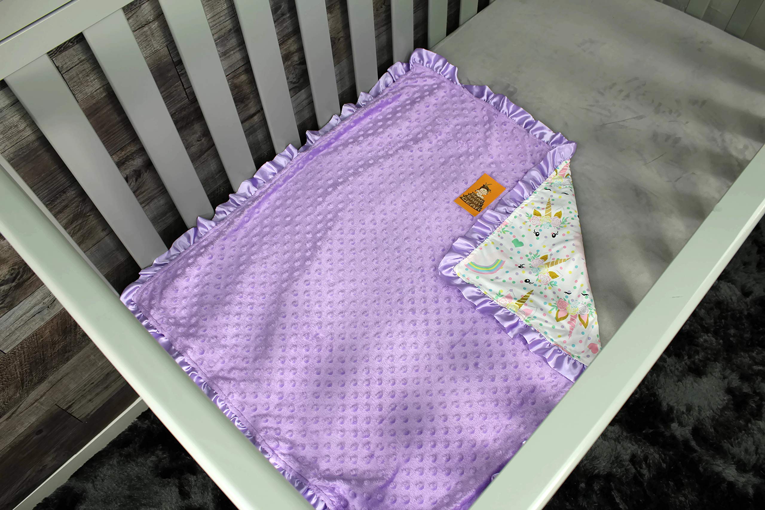 Dear Baby Gear Baby Blankets, Glitter Unicorn Pastel Rainbows, Lavender Minky, 32 Inches by 32 Inches
