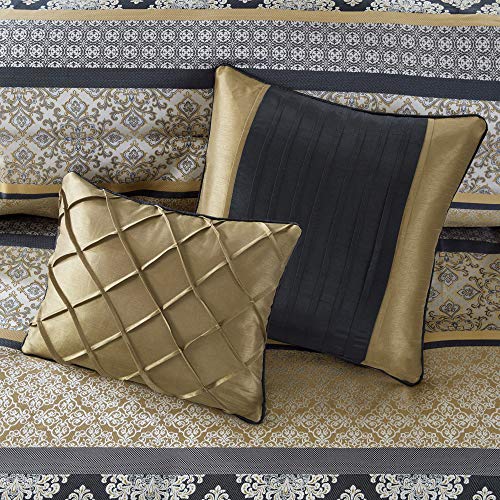 Madison Park Essentials Windsor 24-Piece Room in A Bag Comforter Set-Satin Jacquard All Season Luxury Bedding, Sheets, Decorative Pillows and Curtains, Valance, Queen (90 in x 90 in), Black/Gold