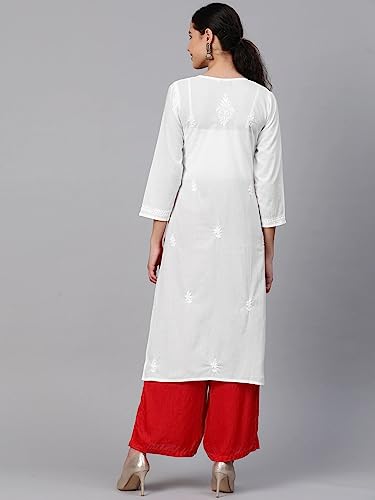 Ada Indian Hand Embroidered Chikankari White Cotton Kurti Kurta Tunic for Women A100376 (Small)