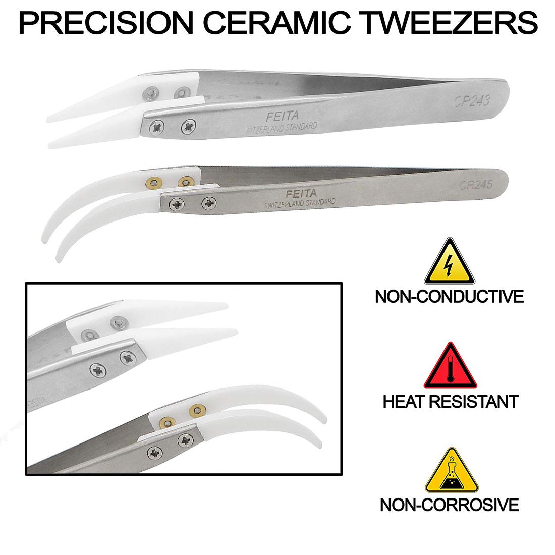 Ceramic Tweezer Set - FEITA Ceramic Precision Tweezers for Electronic Repair, DIY Hobbies - NO MORE BROKEN TIPS! (2-Pcs)