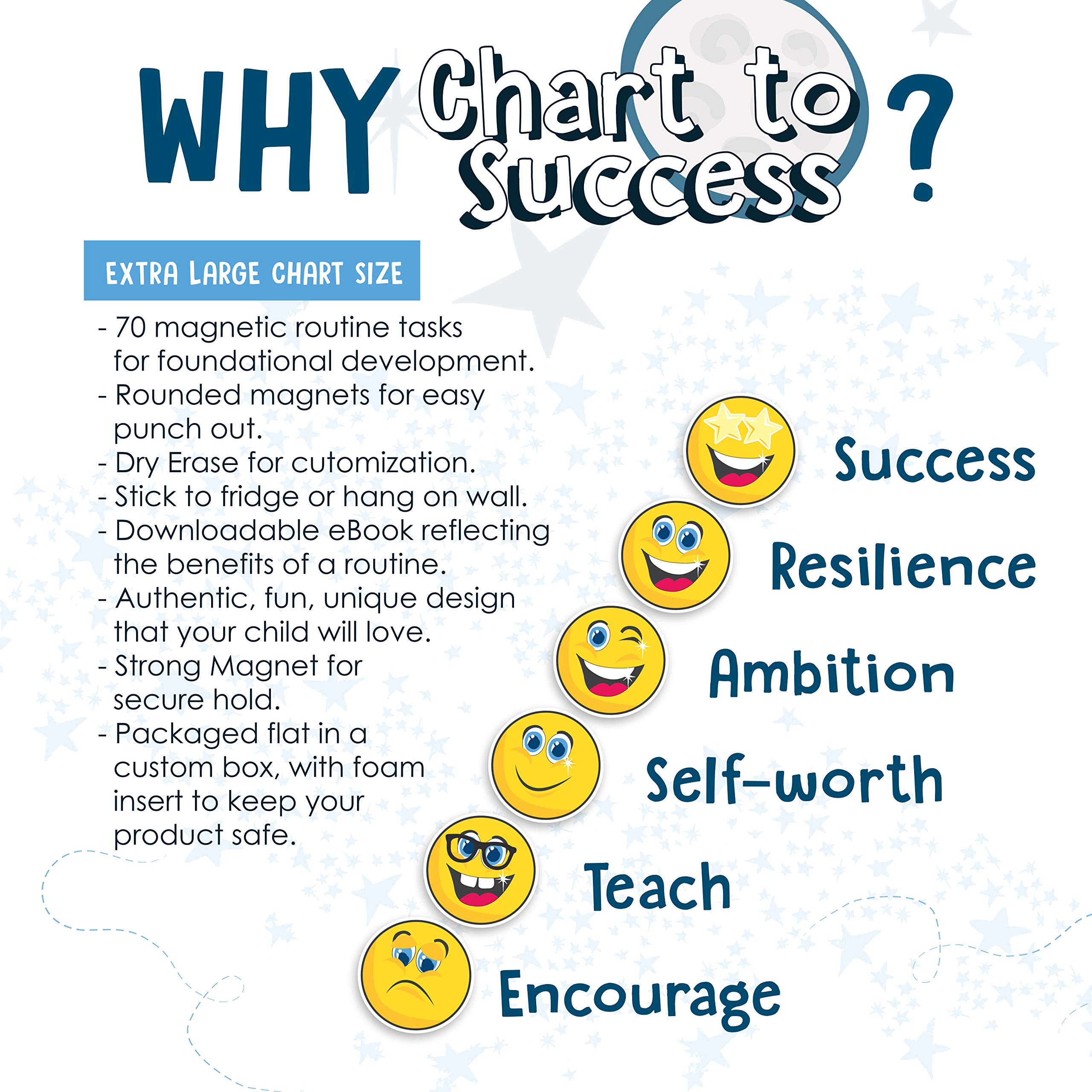 Chart to Success| Magnetic Dry Erase| Daily Routine Responsibility Chore Chart for Kids| 80 Emojis| 70 Tasks, Including Behavior and Self-Care| Fun Design for Both Boys and Girls| Raising a Star