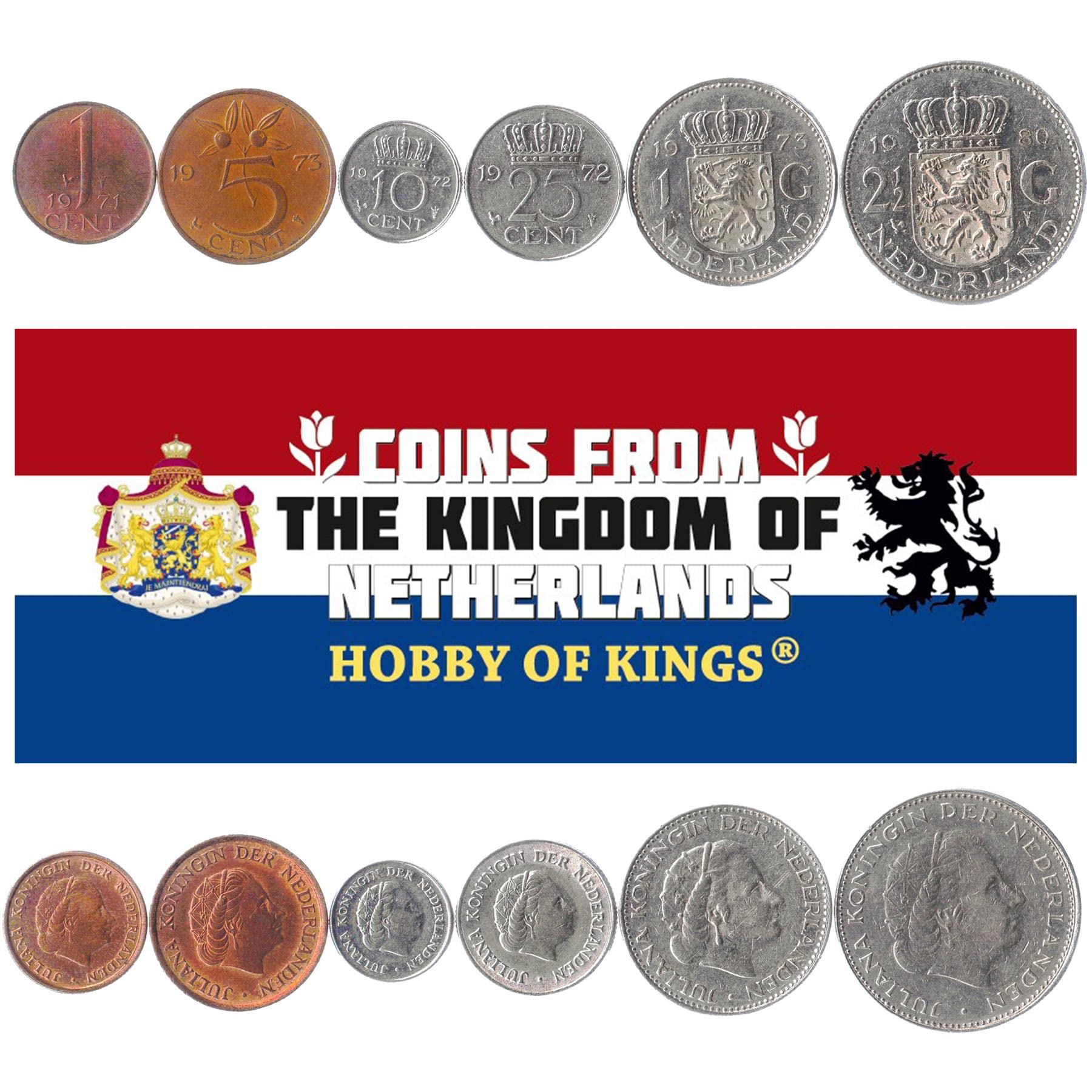 6 Coins from Netherlands | Dutch Coin Set Collection 1 5 10 25 Cents 1 2½ Gulden | Circulated 1950-1980 | Queen Juliana