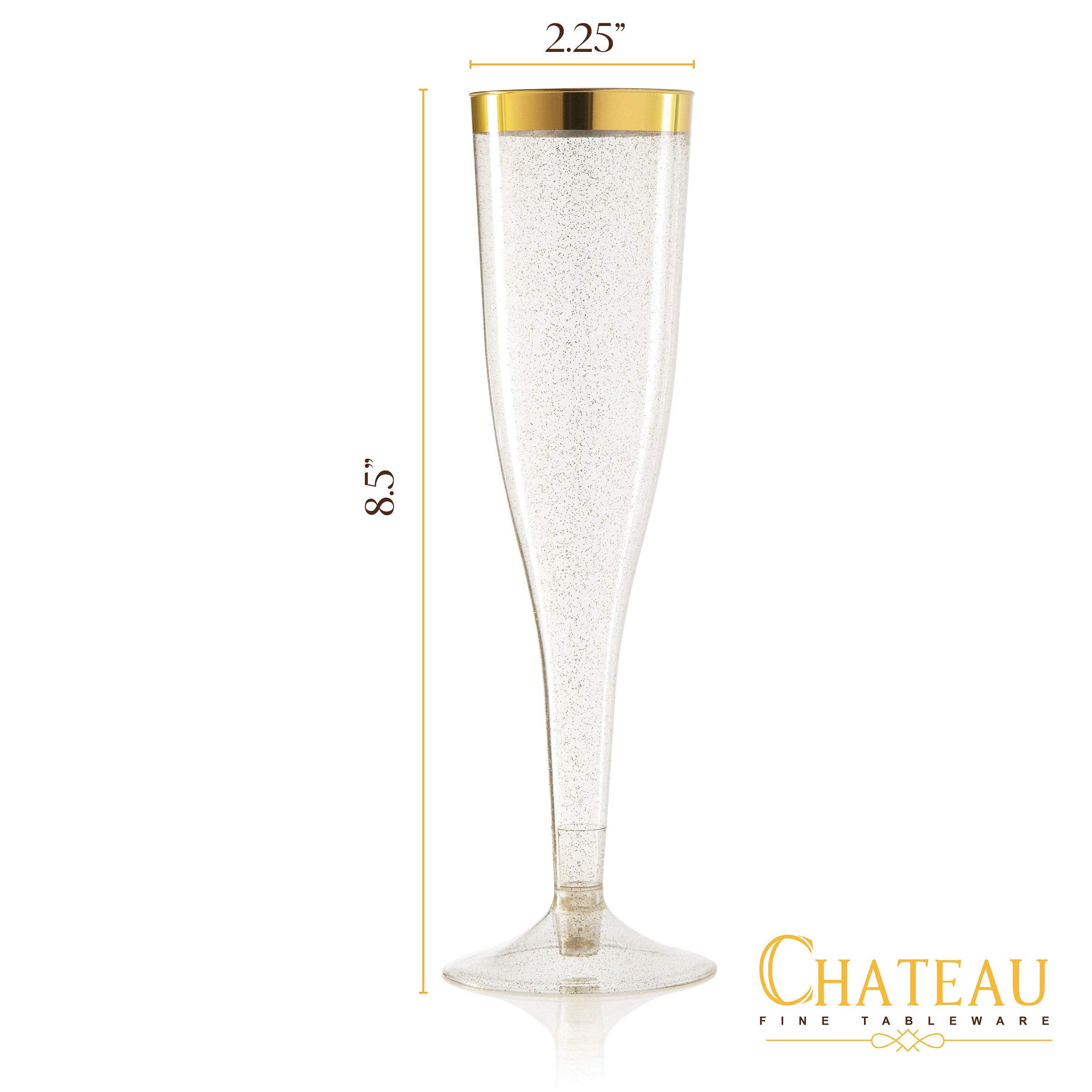 CHATEAU FINE TABLEWARE 36 Plastic Champagne Flutes, 6.5 Oz Plastic Glasses Gold Rim & Glitter Gold Mimosa Glasses, Brunch Decor, Plastic Flutes Champagne Disposable