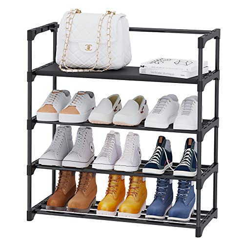 Calmootey 4-Tie Shoe Rack,Shoe Shelf Storage Organizer,Entryway,Bedroom,Black