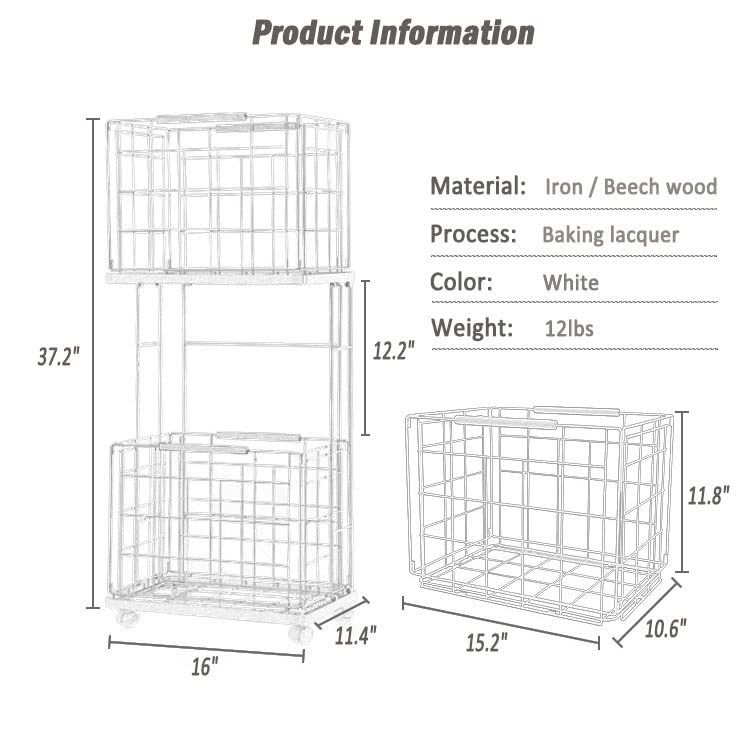 Double Layer Clothes Storage Cart, Rolling Laundry Basket Cart,Detachable Laundry Basket, Multi-layer Storage Basket, Home Bathroom Folding Storage Rack, Kitchen Shelf Fruit Rack