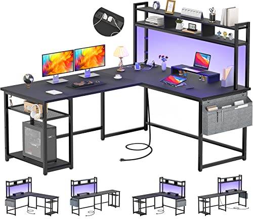 Aheaplus L Shaped Desk with Power Outlet & LED Strip, Reversible Corner Computer / Gaming Desk with Storage Shelf & Monitor Stand, Modern 2 Person For Home Office, Writing , Black