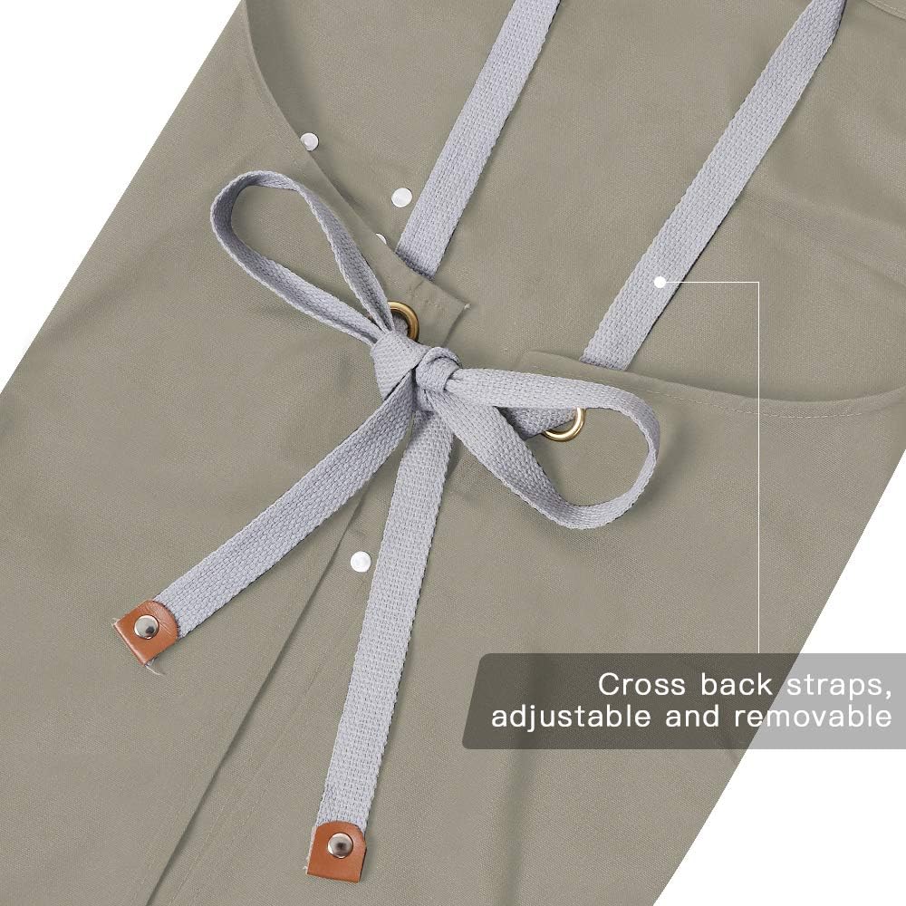 Chef Apron,Cross Back Apron for Men Women with Adjustable Straps and Large Pockets,Canvas,M-XXL (Beige)