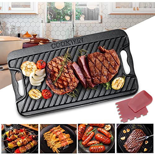 Double Side Griddle,Pre-Seasoned Cast Iron Griddle,Flat Top Grill Dual Handles,Griddle for Gas Grill,Pancake Griddle,Stove Top Griddle,Griddle Grill Compatible For Oven,Outdoor Griddle For Camping