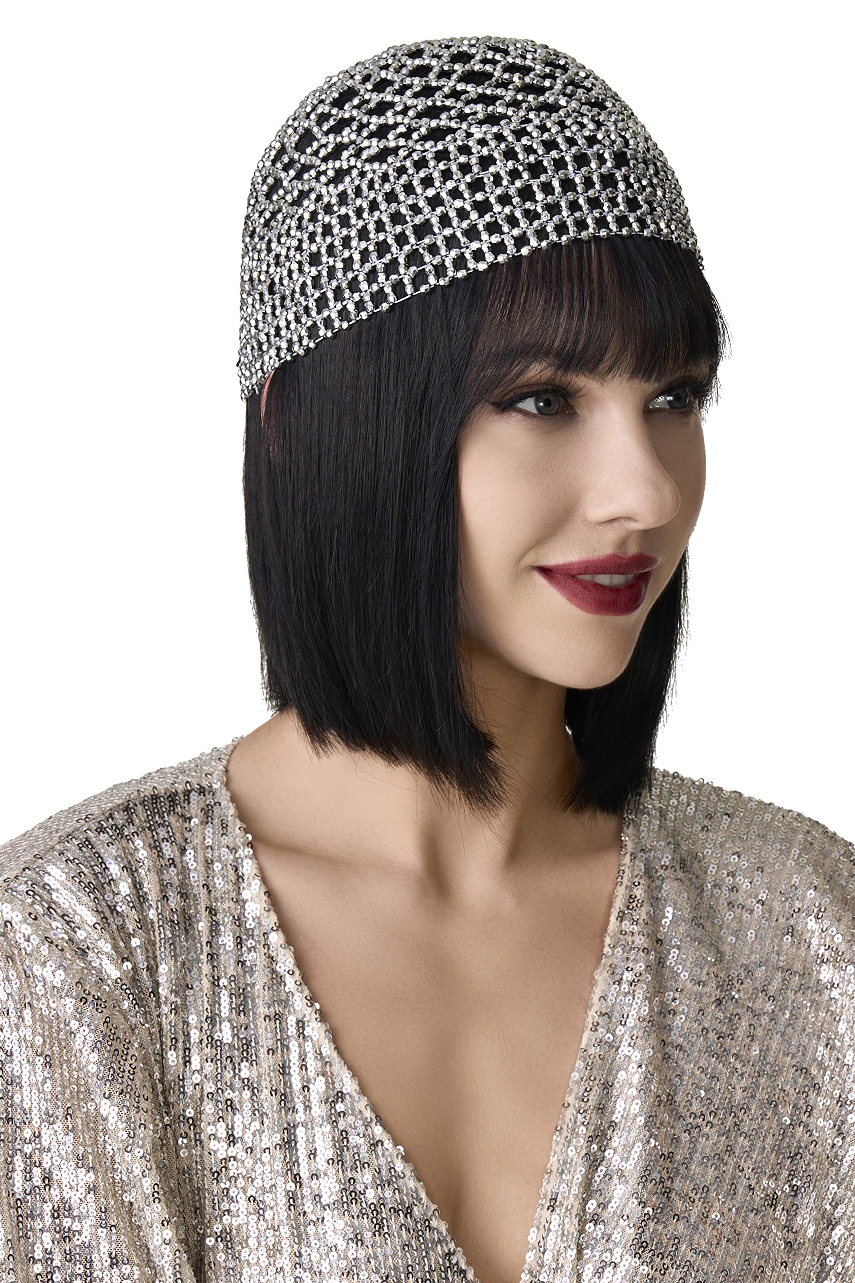 BABEYOND 1920s Beaded Cap Headpiece Belly Dance Cap Exotic Cleopatra Headpiece for Gatsby Themed Party (Silver)
