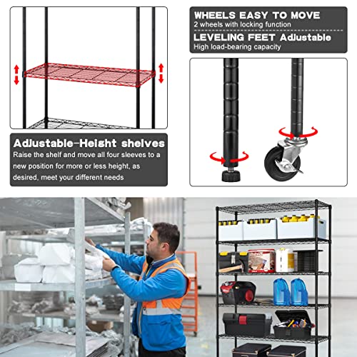 Dlewmsyic 6 Tier Storage Shelves, 5999 Lbs Capacity Metal Shelf with Wheels Height Adjustable NSF Certification 48" L×18" W×72" H Heavy Duty Wire Shelving Units for Garage Pantry Kitchen Rack, Black