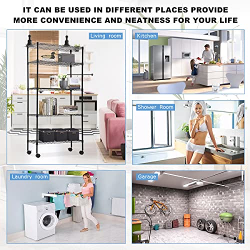 Dlewmsyic Wire Shelving with Wheels, 5 Layer 750 Lbs Capacity 60" Hx30 Lx14 W Metal Storage Shelf, Black