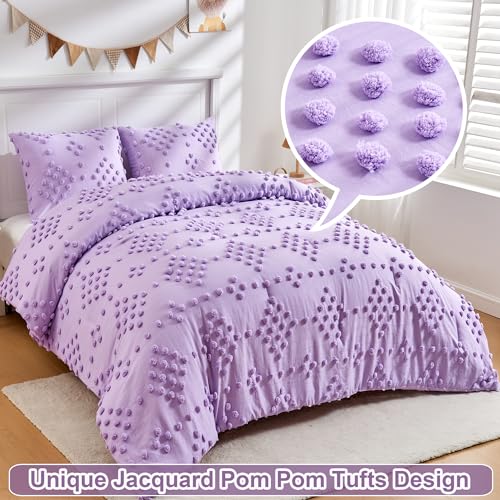 3-Piece Queen Size Kids Bedding Set for Girls Purple Boho Tufted Dots Jacquard Pom Pom Tufts Embroidery Bed-in-a-Bag Bohemian Kids Comforter Set for Boys with Comforter, 2 Pillowcase