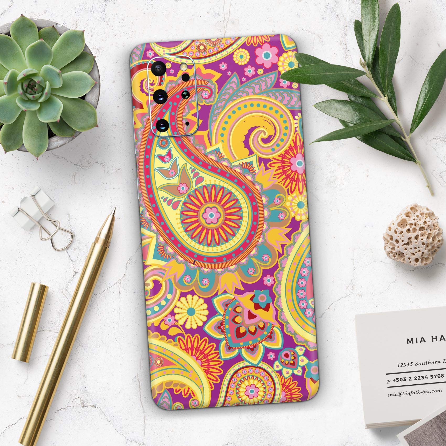 DesignSkinz Neon Orange Paisley Pattern Protective Vinyl Decal Wrap Skin Cover Compatible with The Samsung Galaxy S20 (Screen Trim & Back Glass Skin)