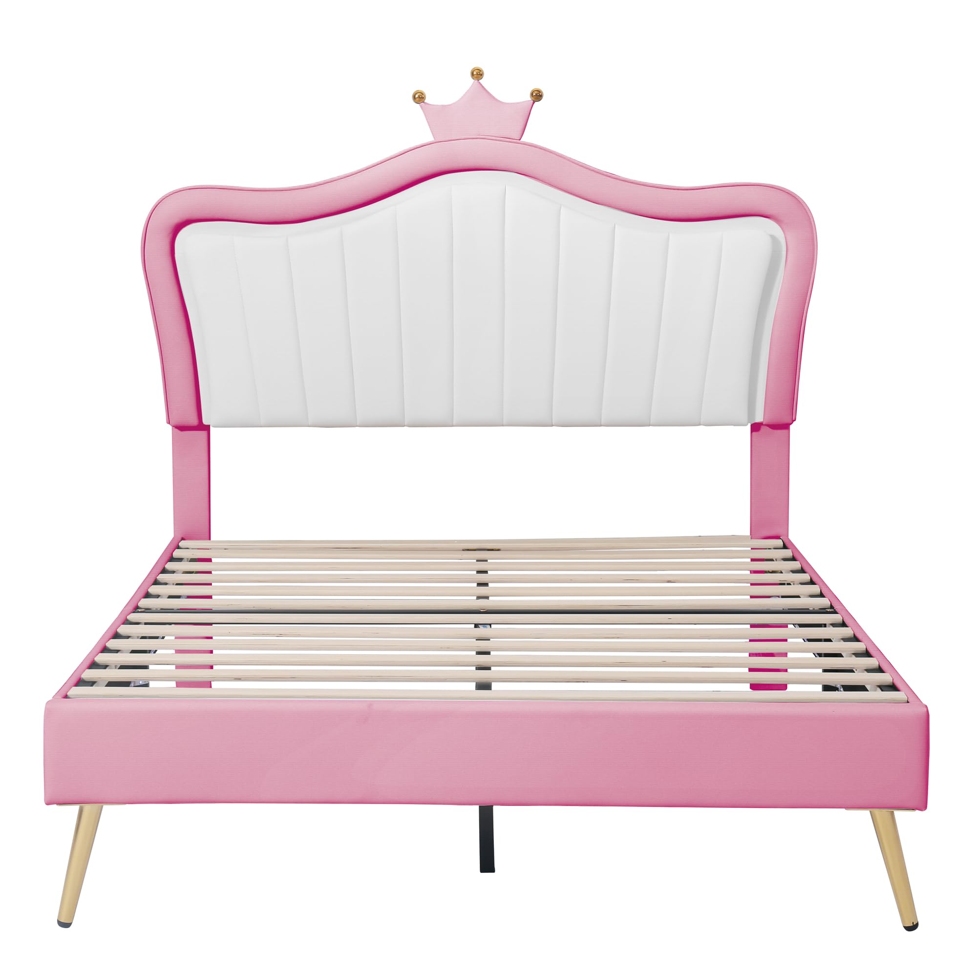 Harper & Bright Designs Full Size Princess Bed with Crown Headboard and LED Lights, PU Upholstered Full Platform Bed with Adjustable Headboard, Kids Full Size Bed Frame for Boys Girls (White+Pink)
