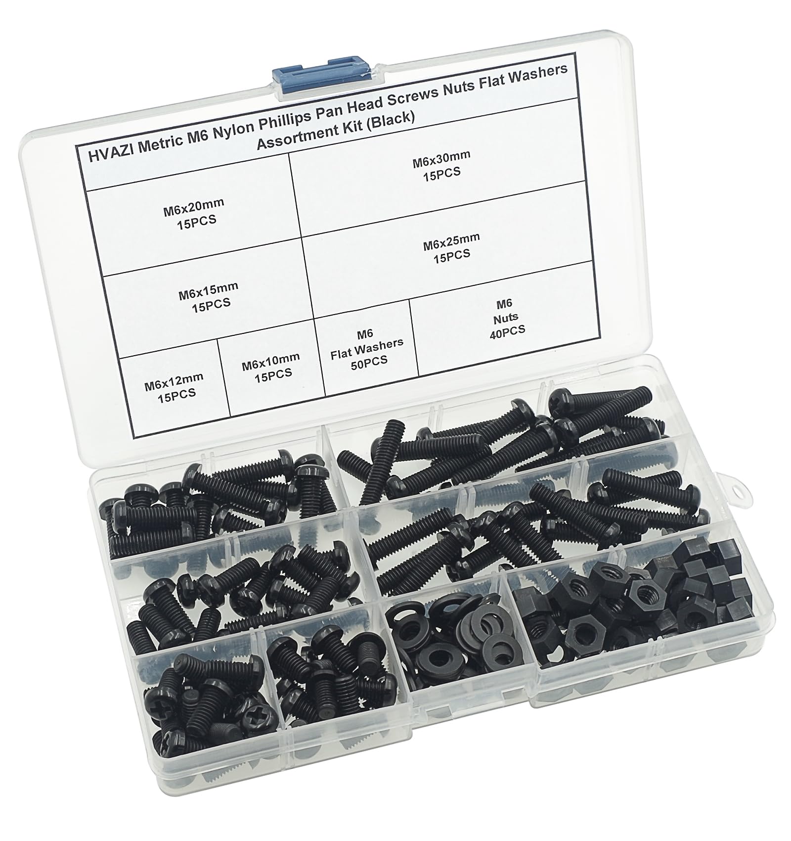 HVAZI Metric M6 Nylon Phillips Pan Head Screws Nuts Flat Washers Assortment Kit (Black)