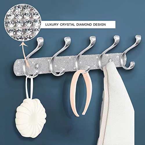 BlackFish Coat Rack Wall Mount,Shiny Silver Rhinestones Wall Mounted Coat Rack 5 Hooks,Key Hooks Decorative for Wall,Double Coat Hook Wall Hook Rack Suitable for Coat Hat Towel Purse Robes(1 Pcs