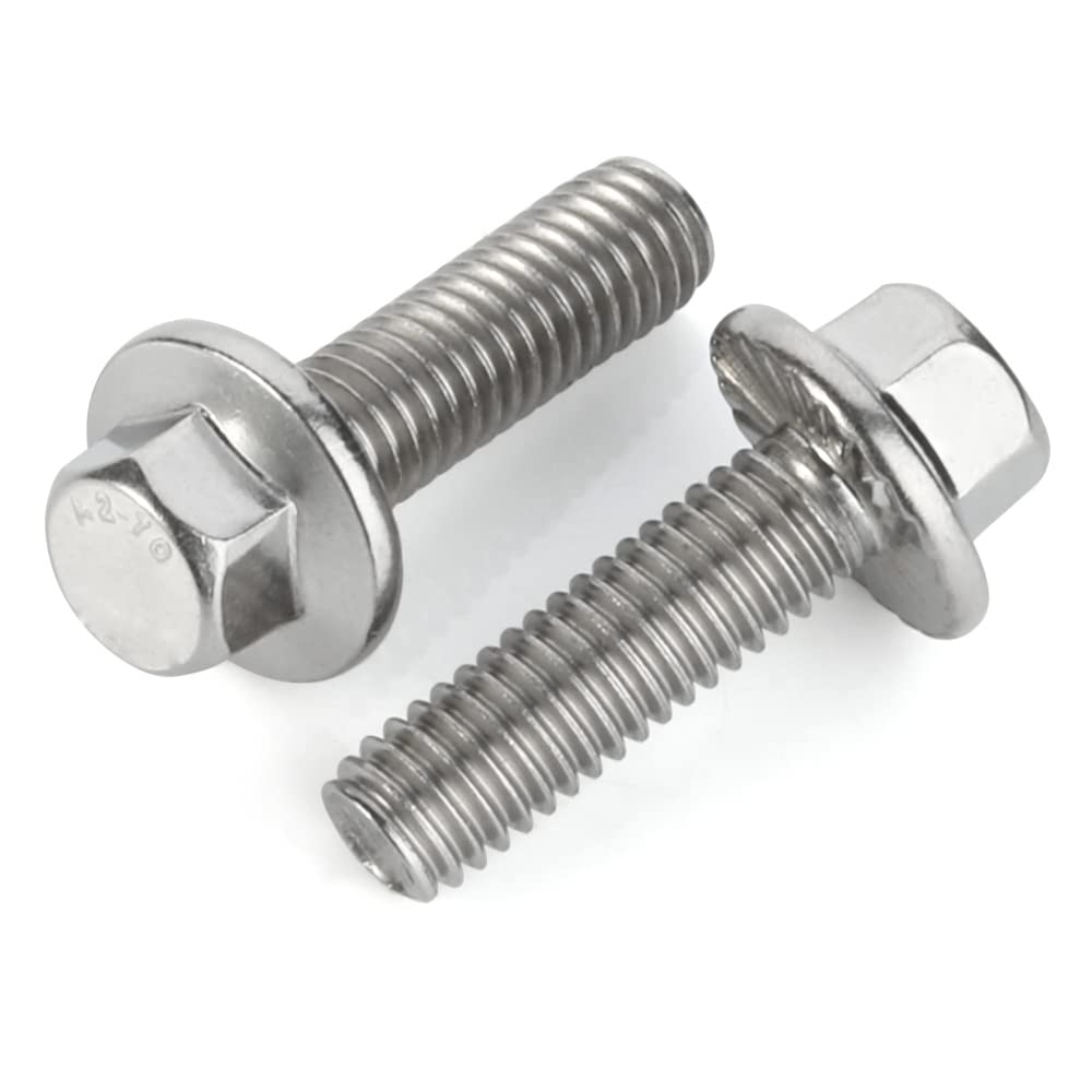 M6-1.0 x 20mm Flanged Hex Head Bolts Flange Hexagon Screws, Stainless Steel 18-8 (304), Plain Finish, 25 PCS
