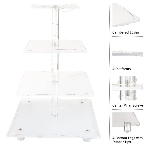 4-Tier Cupcake Stand - Square Acrylic Display Stand with LED Lights for Birthday, Tea Party, or Wedding Dessert Tables by Great Northern Popcorn