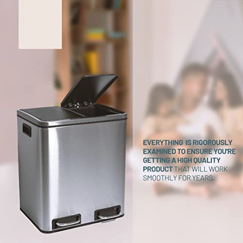 AWENN - Dual Kitchen Garbage Trash Can with Lid and Pedal - Touchless Round Shape Waste Bin - Stainless Steel Dustbin for Kitchen, Bathroom, Office and Outdoors β Black (7.9 Gallon β 30 Liters)