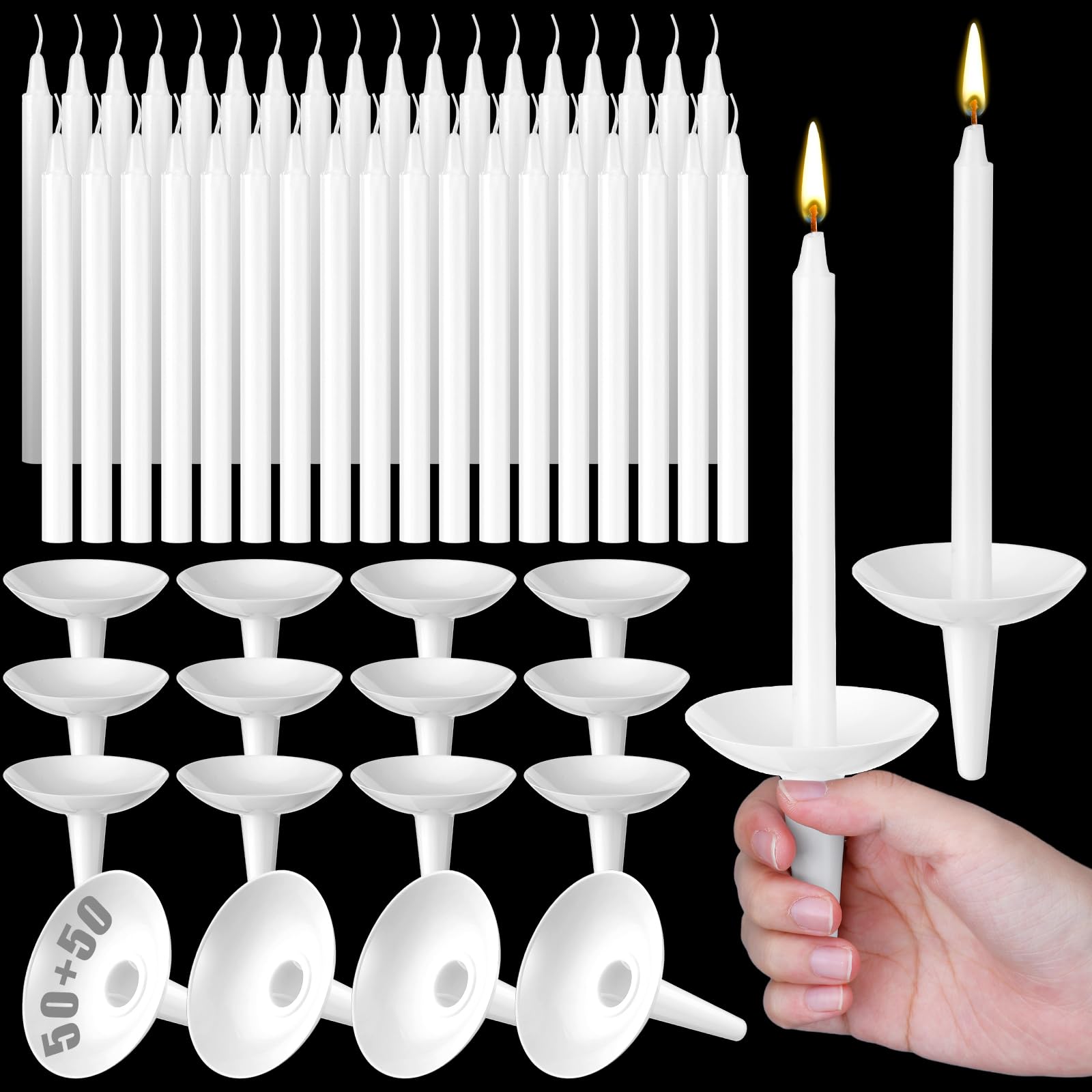 MTLEE 100 Sets Bulk Church Candles with Plastic Candle Drips Candlelight Service White Vigil Candles and Candle Holder Protectors for Christmas Memorial Wedding Party Candles