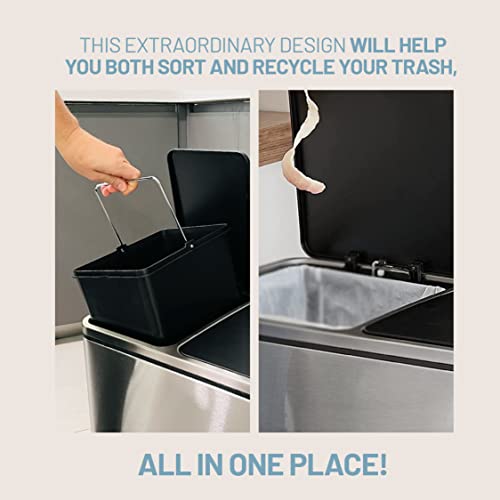 AWENN - Dual Kitchen Garbage Trash Can with Lid and Pedal - Touchless Round Shape Waste Bin - Stainless Steel Dustbin for Kitchen, Bathroom, Office and Outdoors โ Black (12.7 Gallon โ 48 Liters)