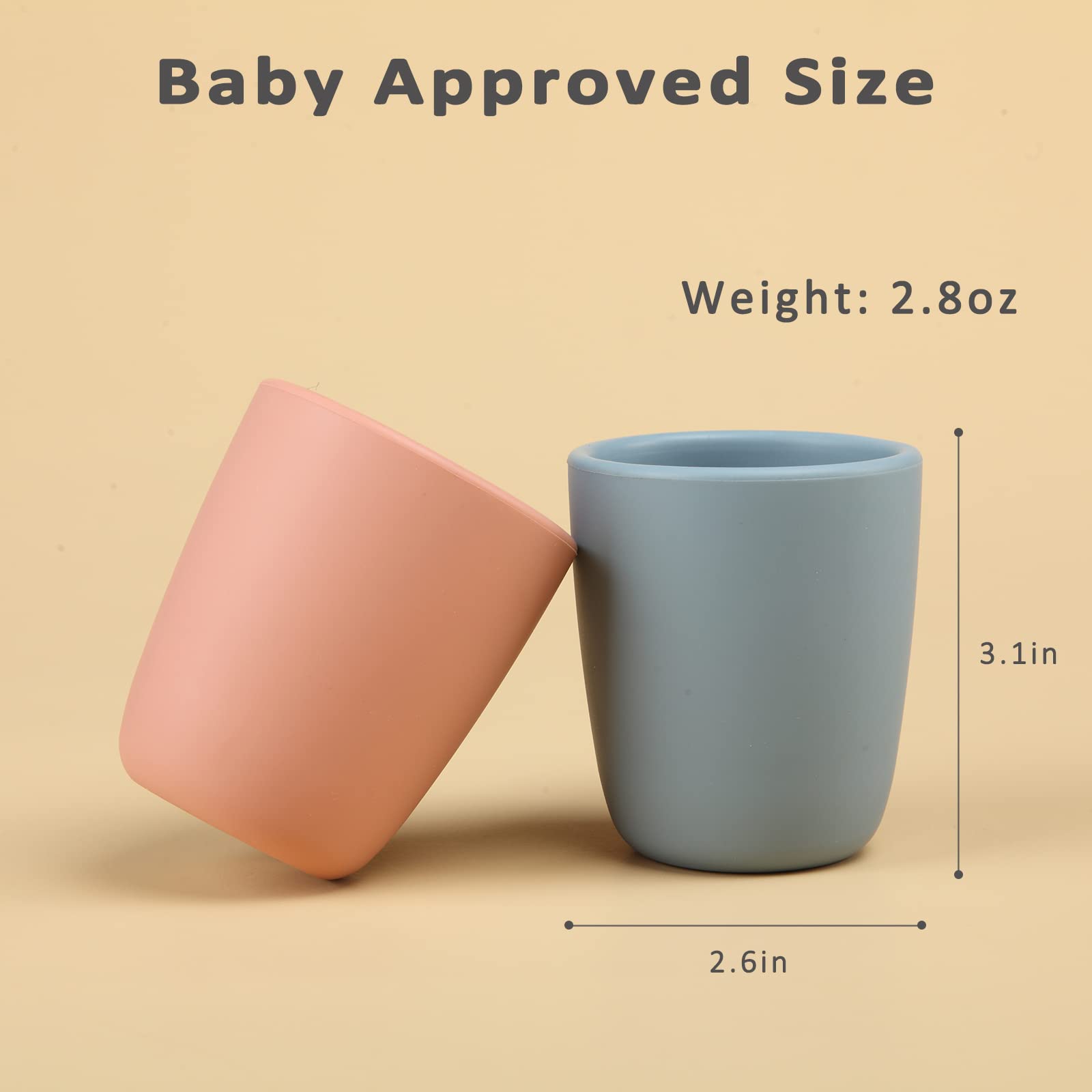 AULEGE Silicone Baby Training Spoons and 4oz Tiny Training Cup for Self Feeding, First Stage to Baby Led Weaning Supplies for 6 Months+ Infants- 4 Pack(Sand, Lightgrey)