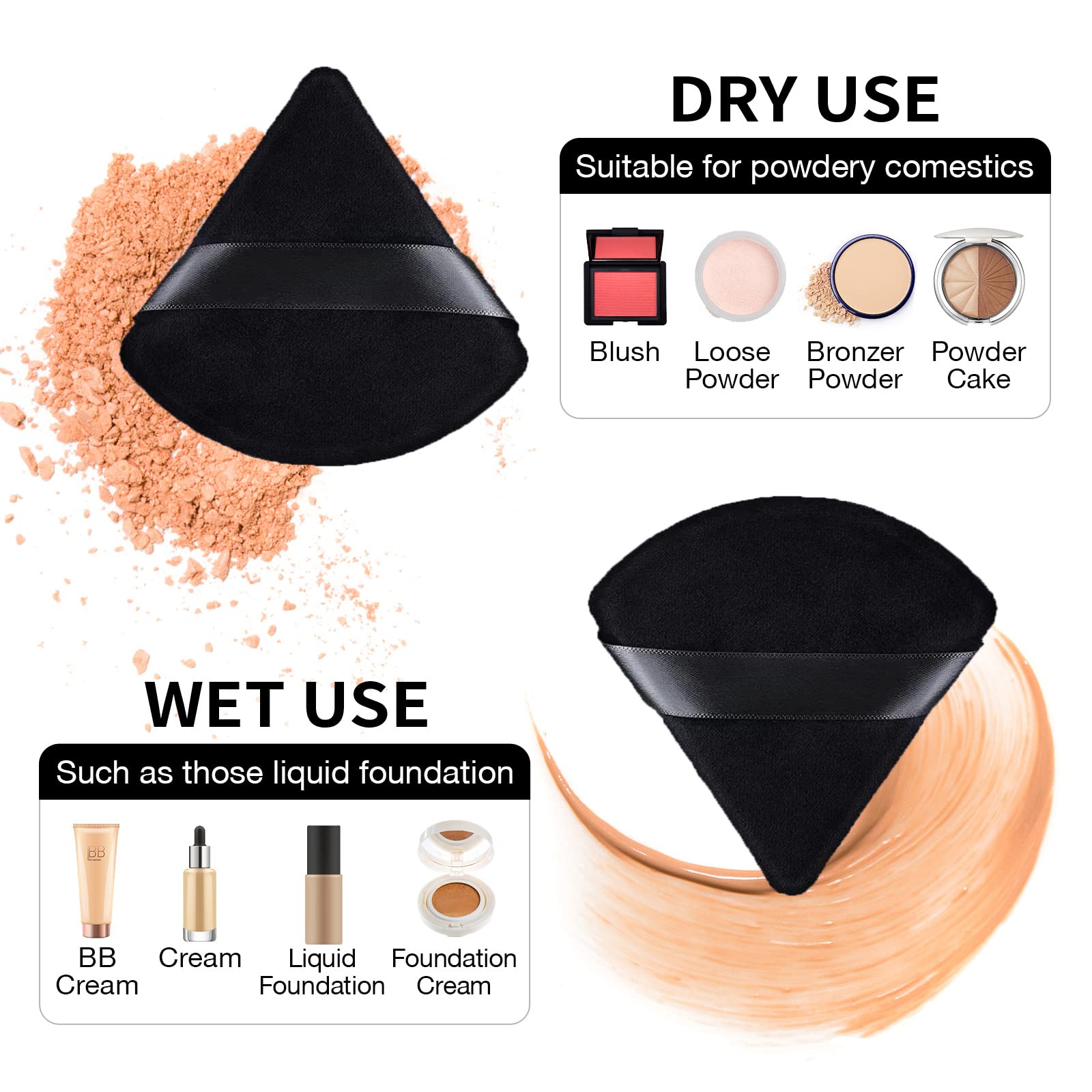6 Pieces Powder Puff For Loose & Cosmetic Face Makeup Velour Soft Triangle Wet Dry Cosmetic Foundation Sponge Makeup Tool (Black)