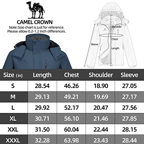 CAMEL CROWN Men's Mountain Snow Waterproof Ski Jacket Detachable Hood Windproof Fleece Parka Rain Jacket Winter Coat Gray Blue L