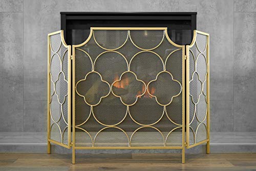 Barton 49" x 30" Fireplace Screen Gold Iron Mesh Geometric 3 Panel Fire Door Freestanding Cover Decorative Spark Guard Gate Grate