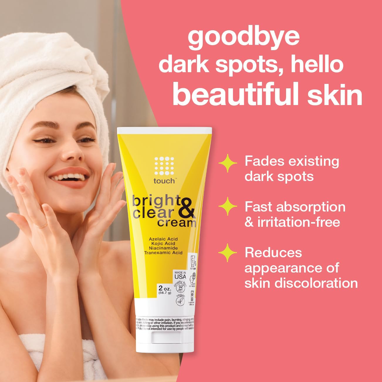 TOUCH Skin Bright Cream for Dark Spots on Face - Azelaic Acid with Kojic Acid, Tranexamic Acid, & Niacinamide β Age Spot, Sun Spot, and Melasma