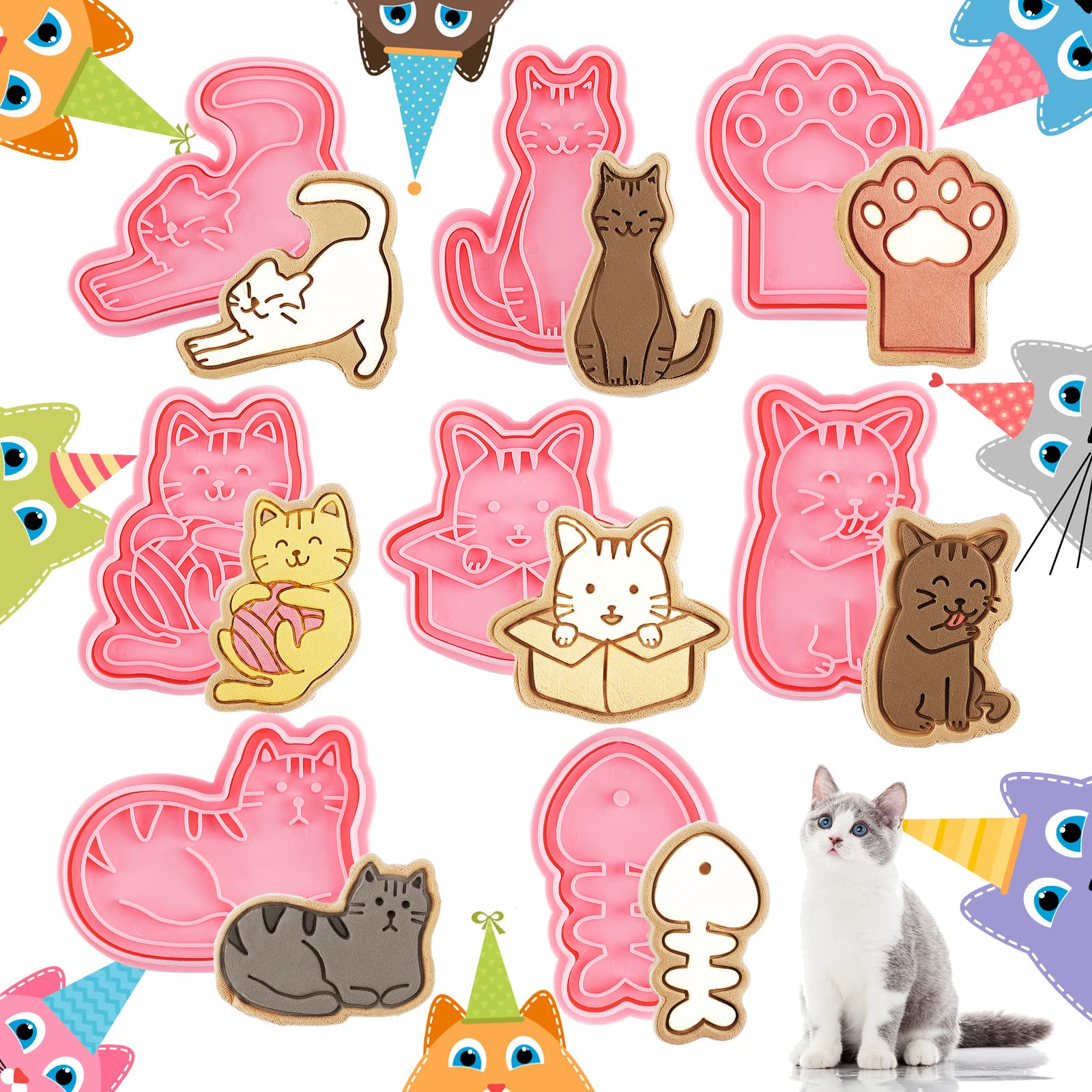 8 Pcs Cat Cookie Cutters with Plunger Stamps Set 3D Cat Paw Shape Biscuit Cutter Funny Cartoon Cookie Stamps Stamped Embossed Cat Cookie Cutters for Treats DIY Cookie Cake Baking Supplies