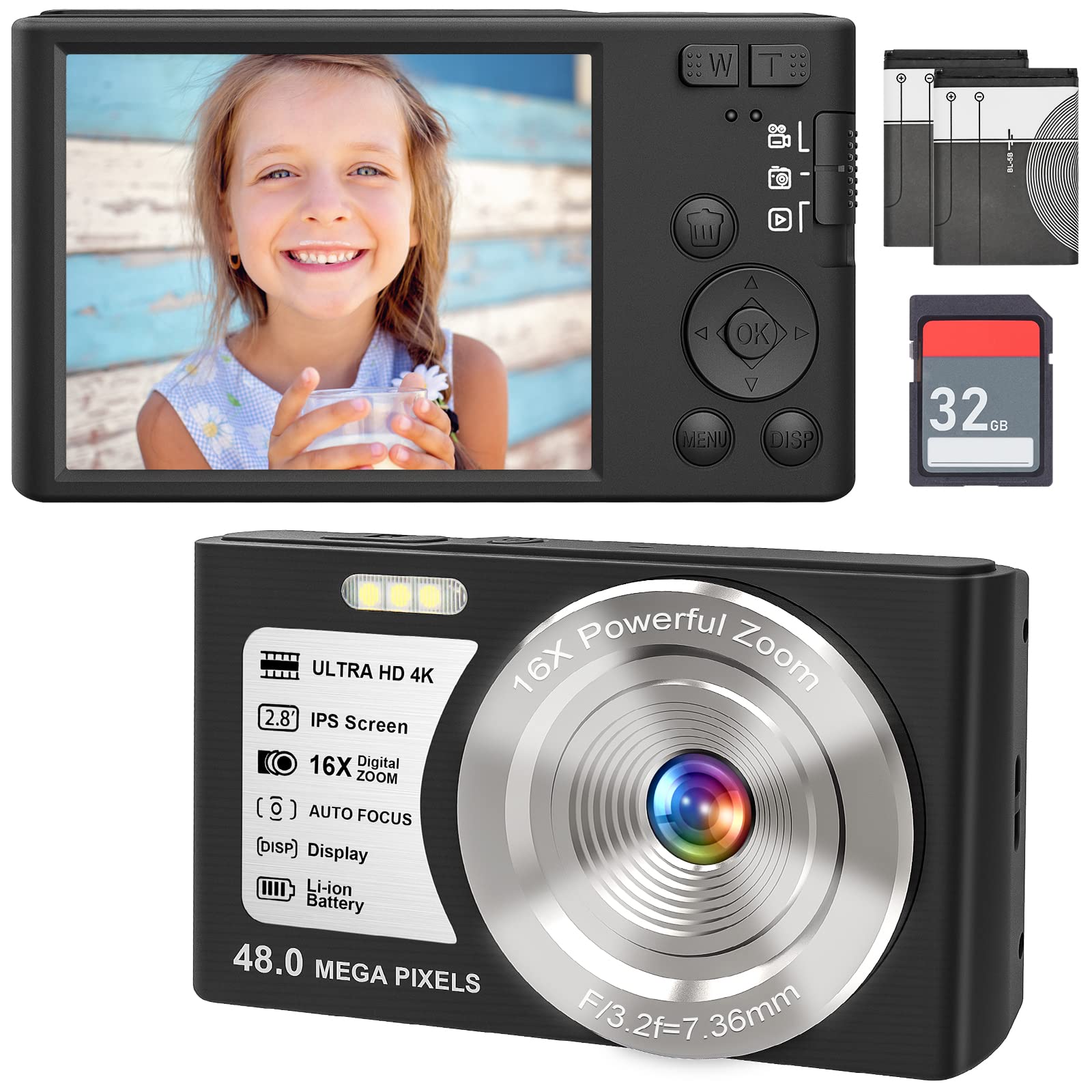 4K Digital Camera 48MP Compact Camera Autofocus 16X Digital Zoom Portable Camera for Boys, Girls,Adult,Beginners (with 32GB SD Card and 2 Batteries)