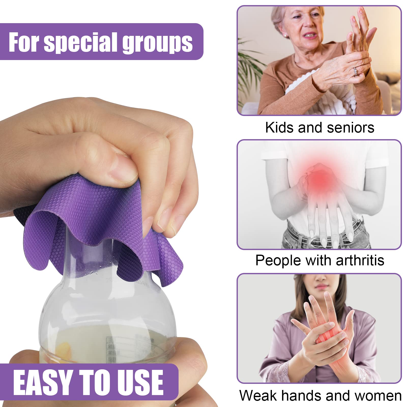 4pcs Jar Opener Gripper Pads, Rubber Jar Grippers Multi-function Jar Opener for Seniors with Weak Hands Kitchen Coasters (Grey, Purple)