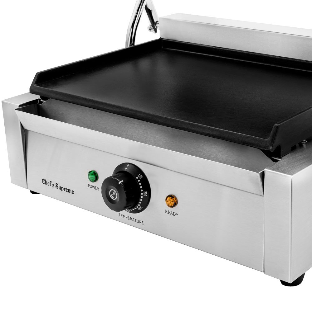 Chef Supreme Commercial Panini Press, 120V 2200W Non-Stick Cast Iron Flat Plate, Stainless Steel with Temperature Control 120F - 570F, Perfect for Hamburgers, Steaks, Vegetables, Breakfast, Sandwiches