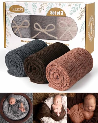 Sunmig Newborn Photography Props, 3 Pcs Baby Stretch Wraps, Professional Baby Photo Props Long Ripple Wrap, for 0-6 Months Baby (Dark Grey+Coffee+Brown)