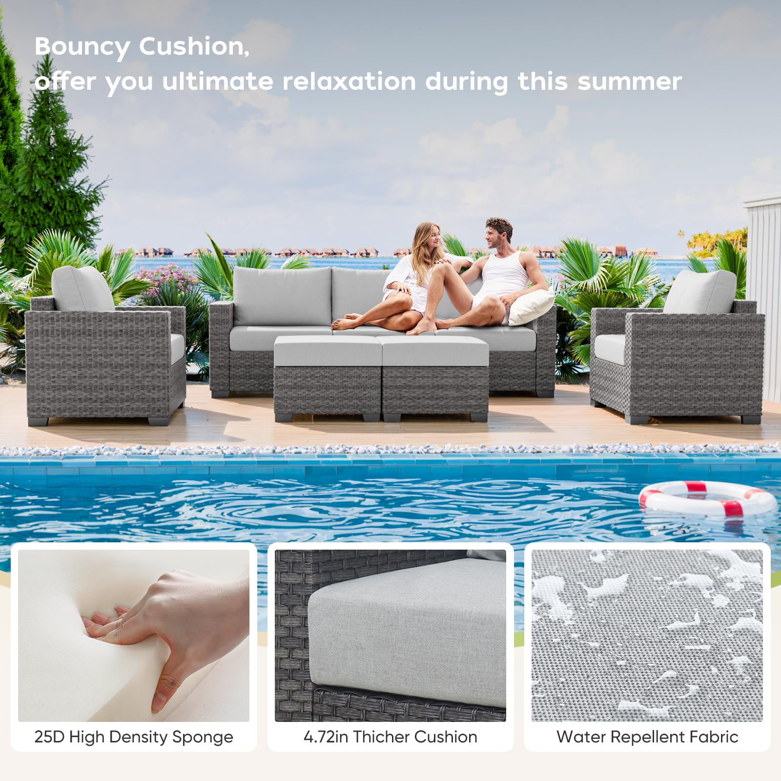 ABCASA Wicker Patio Sofa, 3 Seats Extra Large Outdoor Couch with Comfortable 4.72'' Thick Cushions,Deep Seat Patio Sofas Set for Porch, Deck, Backyard, Sunroom, Garden,Grey