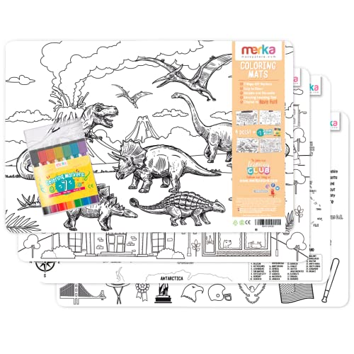 merka 4 Pack Kids Coloring Placemats with 7 Dry Erase Markers, Toddler Placemats for Dining Table Featuring City, Dinosaurs, US Map, World Map, Fun Activity for Boys and Girls