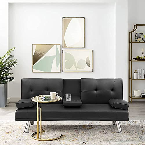 Anwick Modern Leather Futon Sofa Bed,Convertible Folding Couch Recliner Sleeper Loveseat for Small Space,Apartment,Office,Dorm,with Cup Holders and Removable Armrest Black (Black)